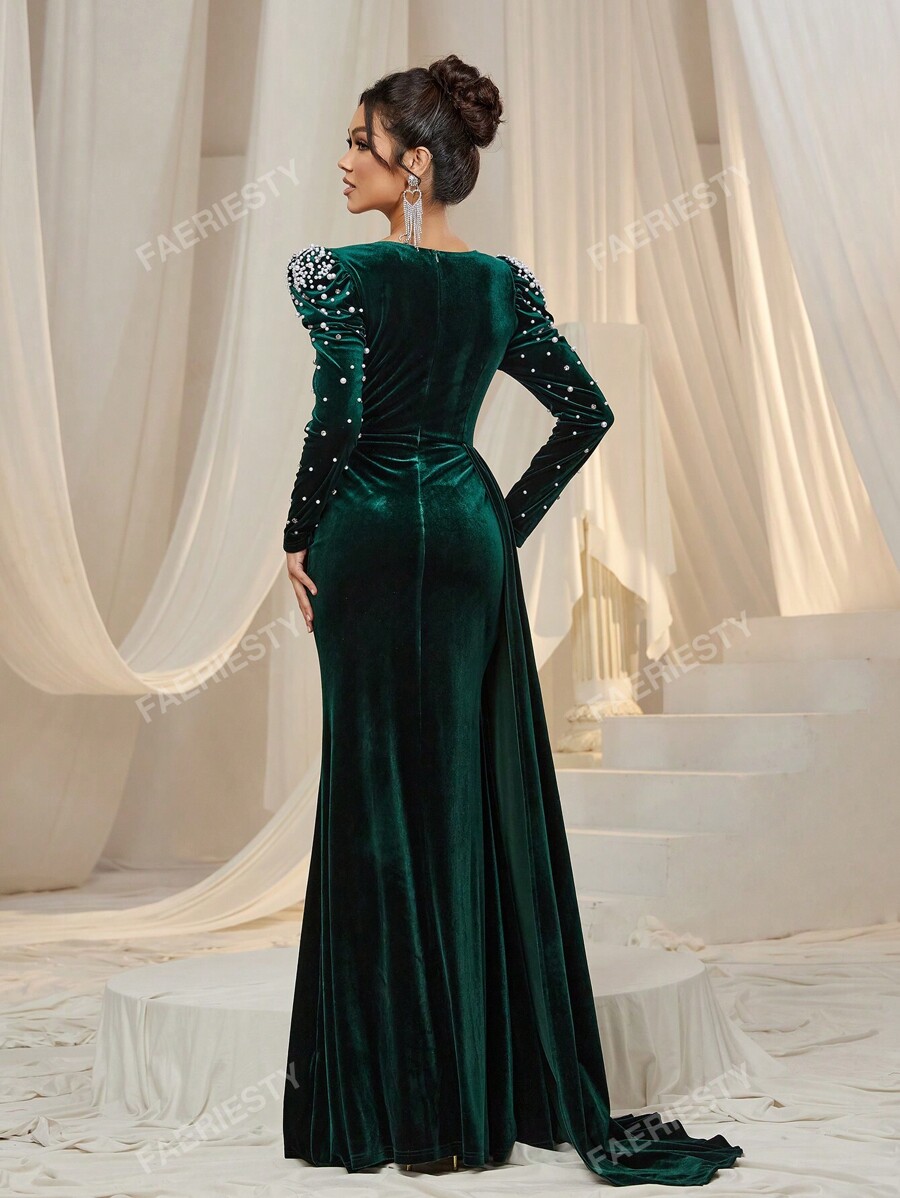 Faeriesty Robe de soirée formelle en velours avec détails de perles et ...