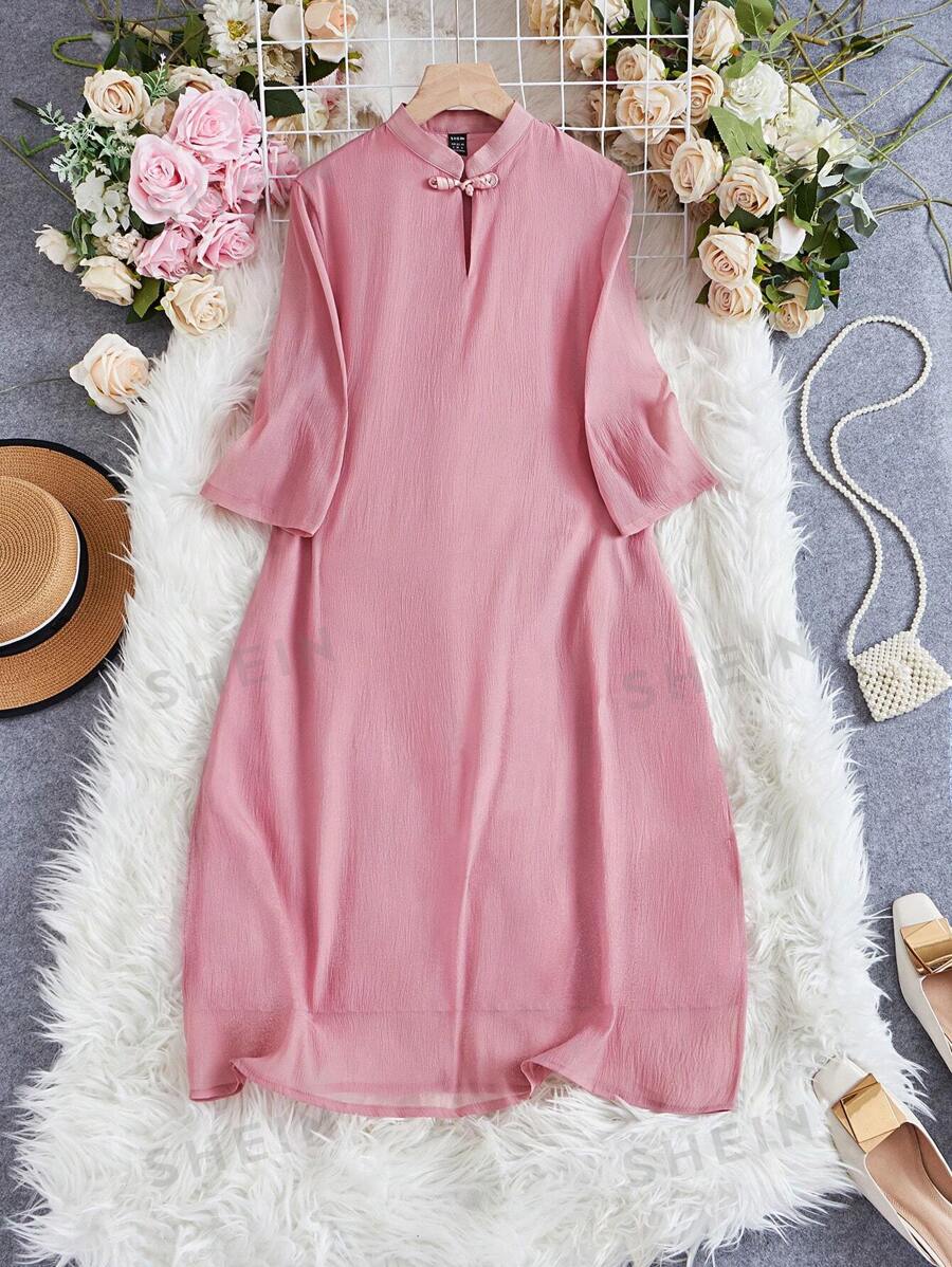 SHEIN Privé Women's Cheongsam Style Midi Dress With Seven-Quarter ...