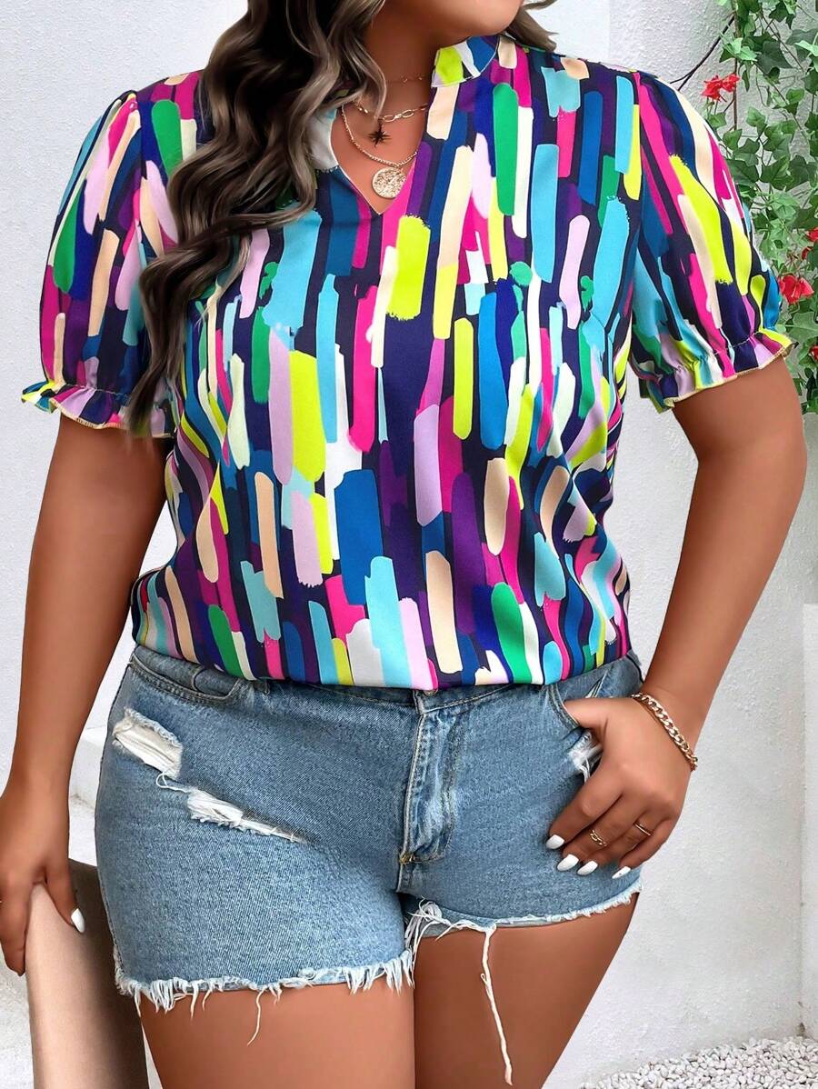 LONESS Plus Size Summer Shirt With Random Print And Notched Collar ...