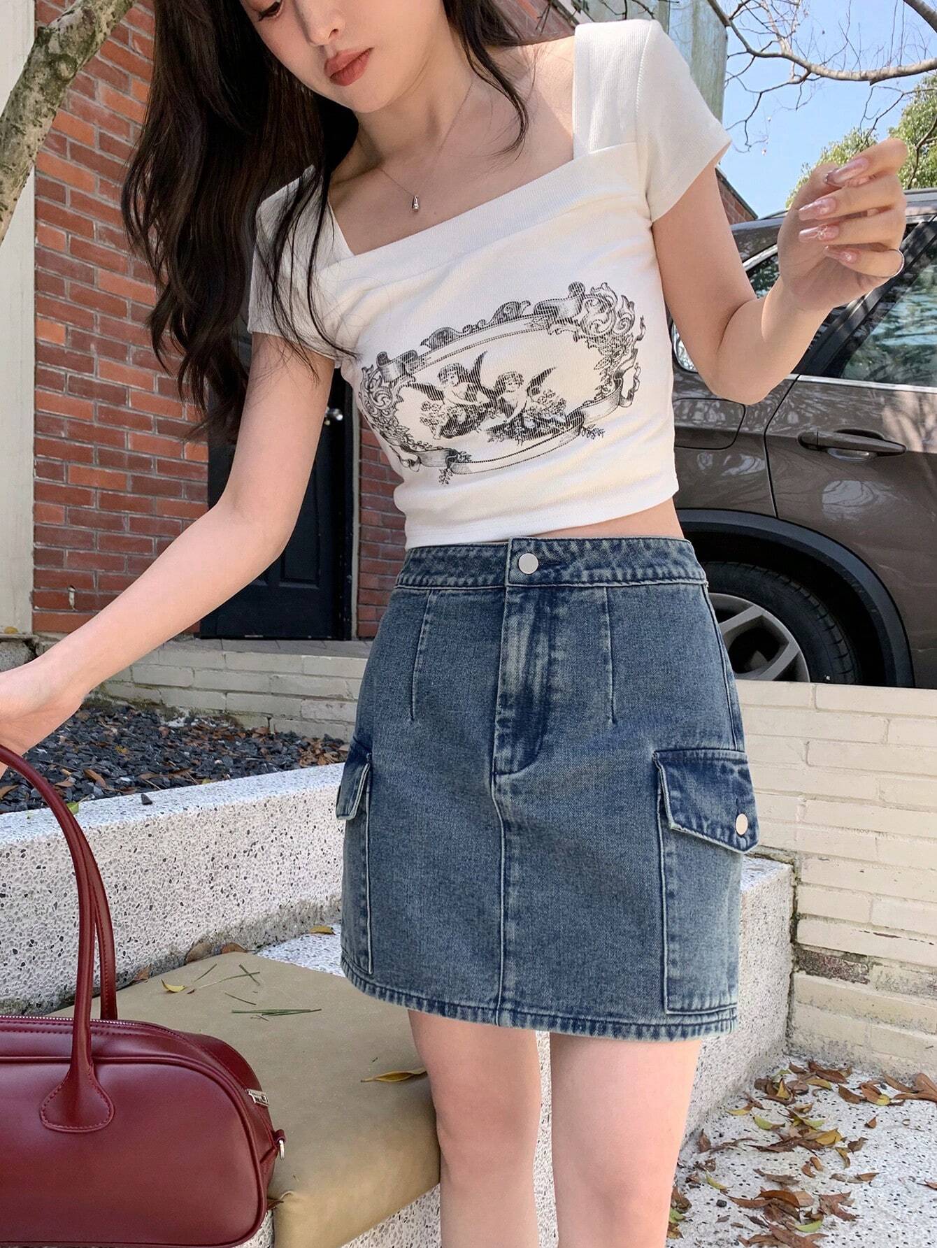 Dazy Designer Women Flap Pocket Utility Denim Skirt | SHEIN USA