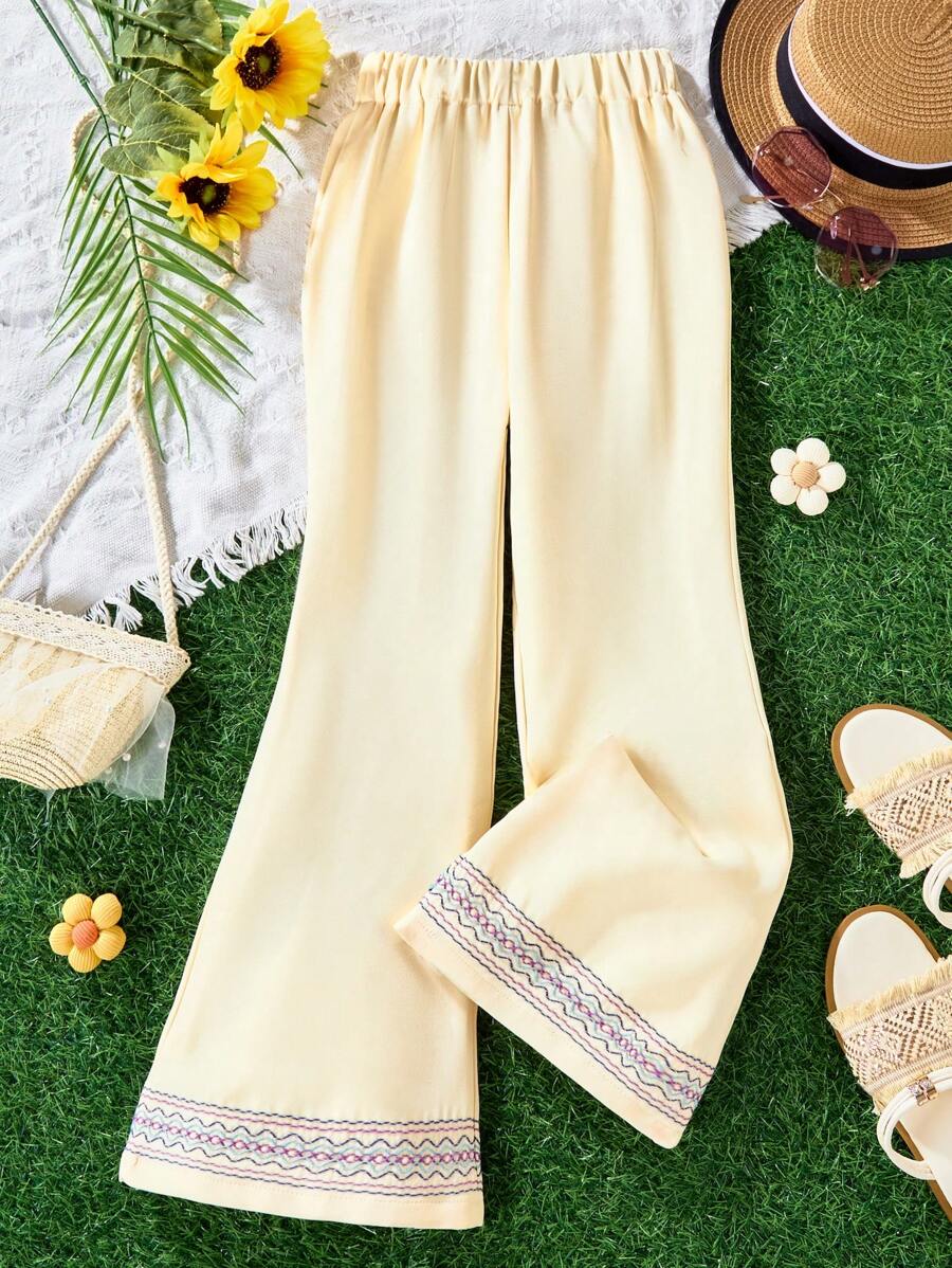 SHEIN Tween Girl Pure Color Lace Spliced Retro Style Summer Long Pants ...