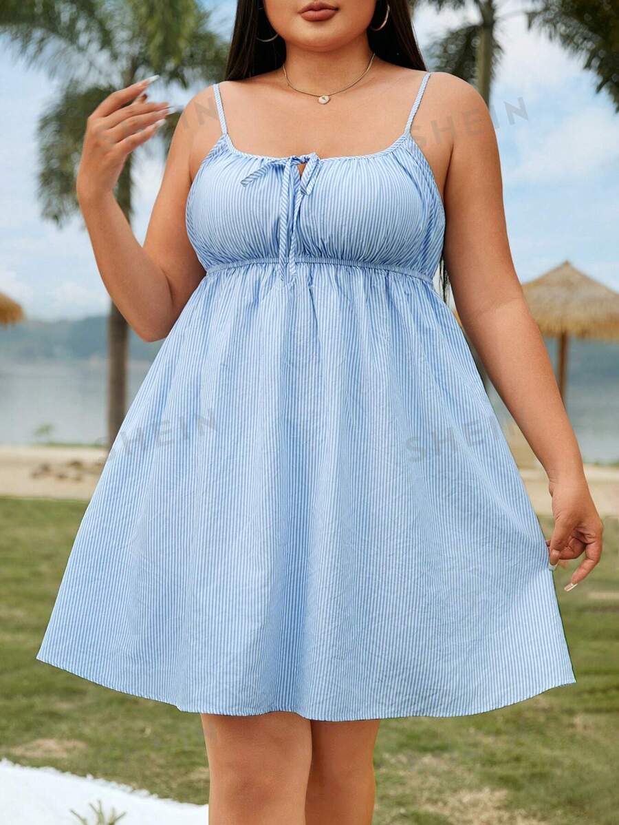 Shein Ezwear Damen Große Größen Blau Weiß Gestreiftes Midi Kleid Mit