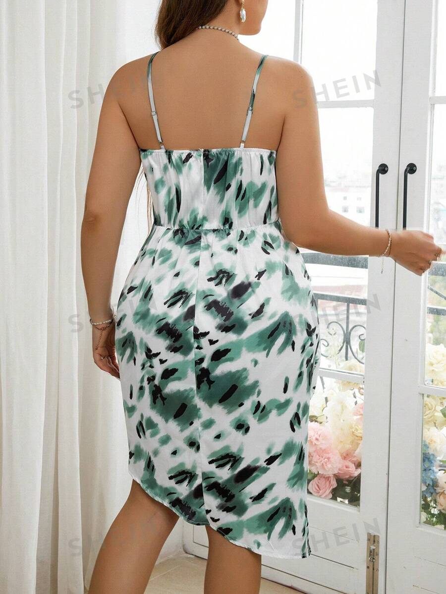 SHEIN Privé Women Plus Size Elegant Tie Dyeing Pleated Slim Fit High Slit Satin Spaghetti Strap ...