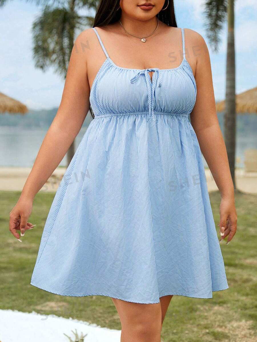 Shein Ezwear Damen Große Größen Blau Weiß Gestreiftes Midi Kleid Mit