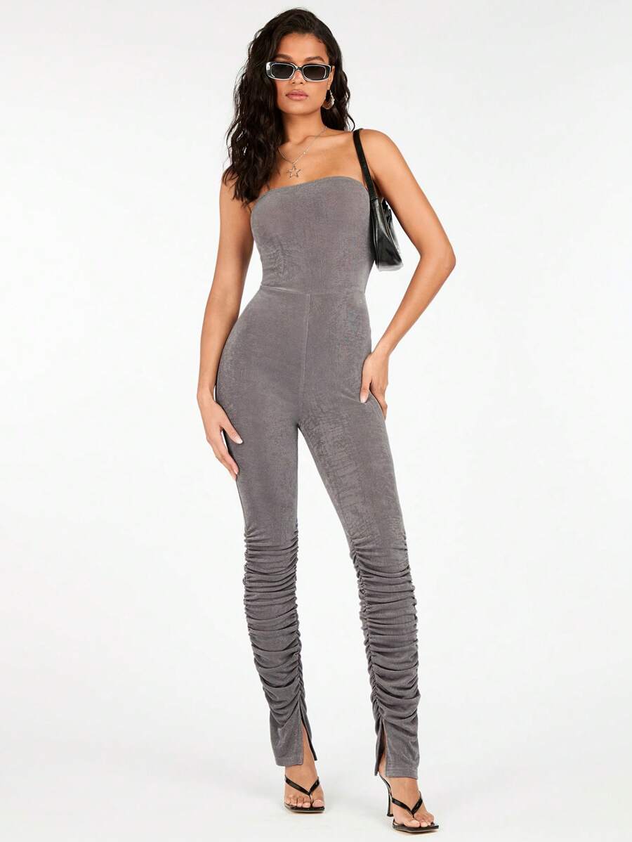 SHEIN BAE Solid Color Strapless Jumpsuit With Ruffle, Slit And Tight ...