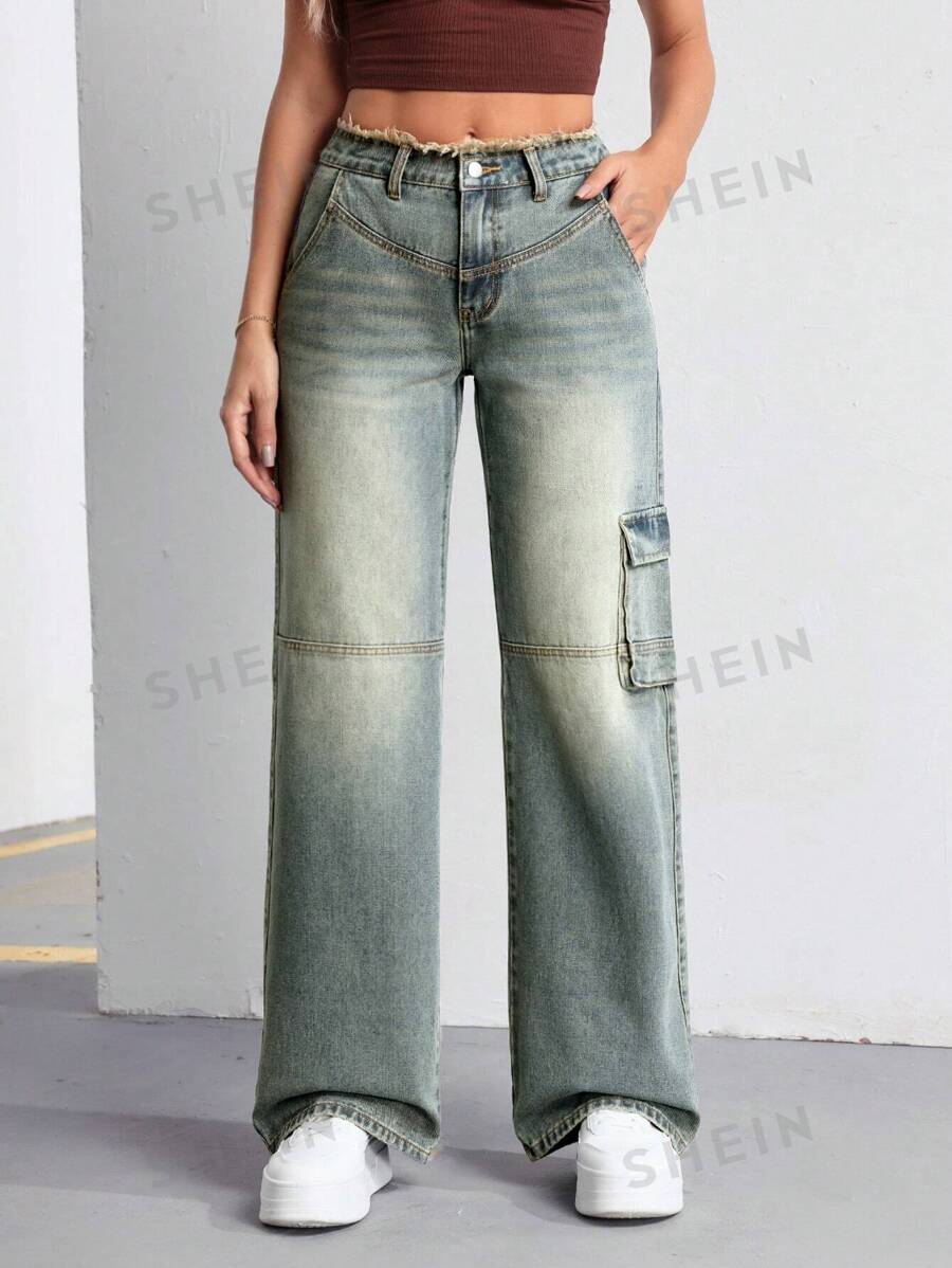 SHEIN X SAMADHI SHEIN Tall Ladies' Vintage Style Washed Raw Trim Wide ...