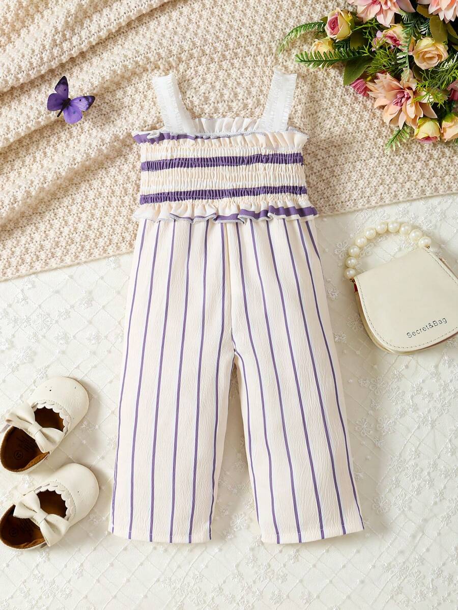 SHEIN Baby Girl Textured Woven Fabric Striped Jumpsuit With Floral ...