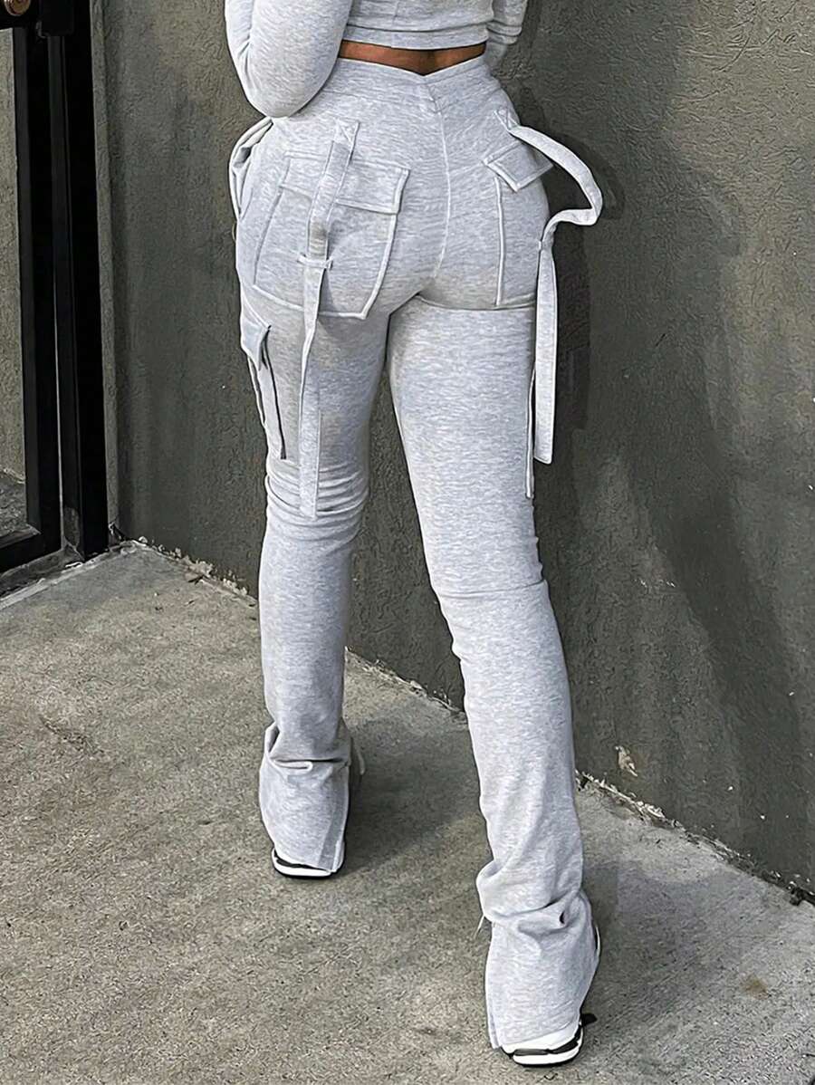 Women's Solid Color Elastic Waist Multi-Pocket Casual Cargo Pants ...