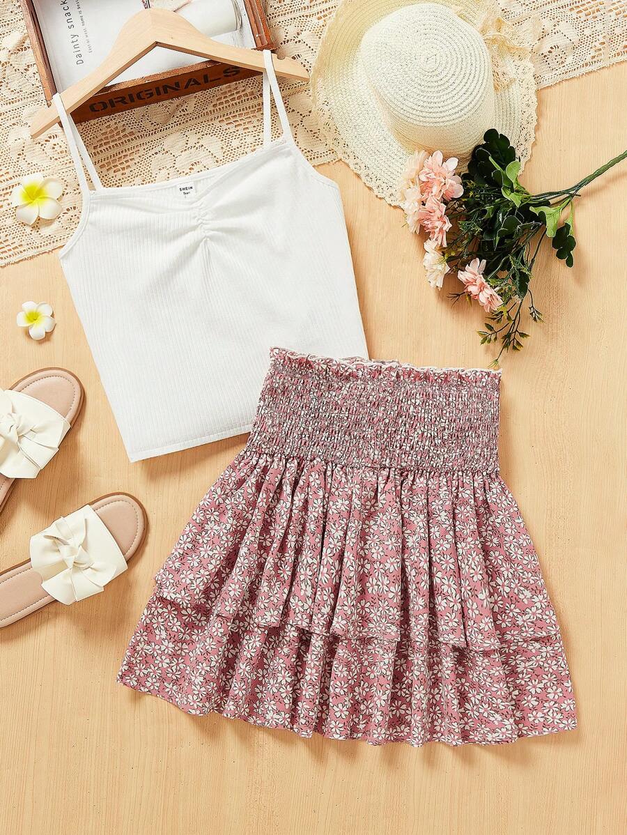 SHEIN Teenage Girl Knitted Ruched Lace Trim Cami Top & Wrap Floral ...