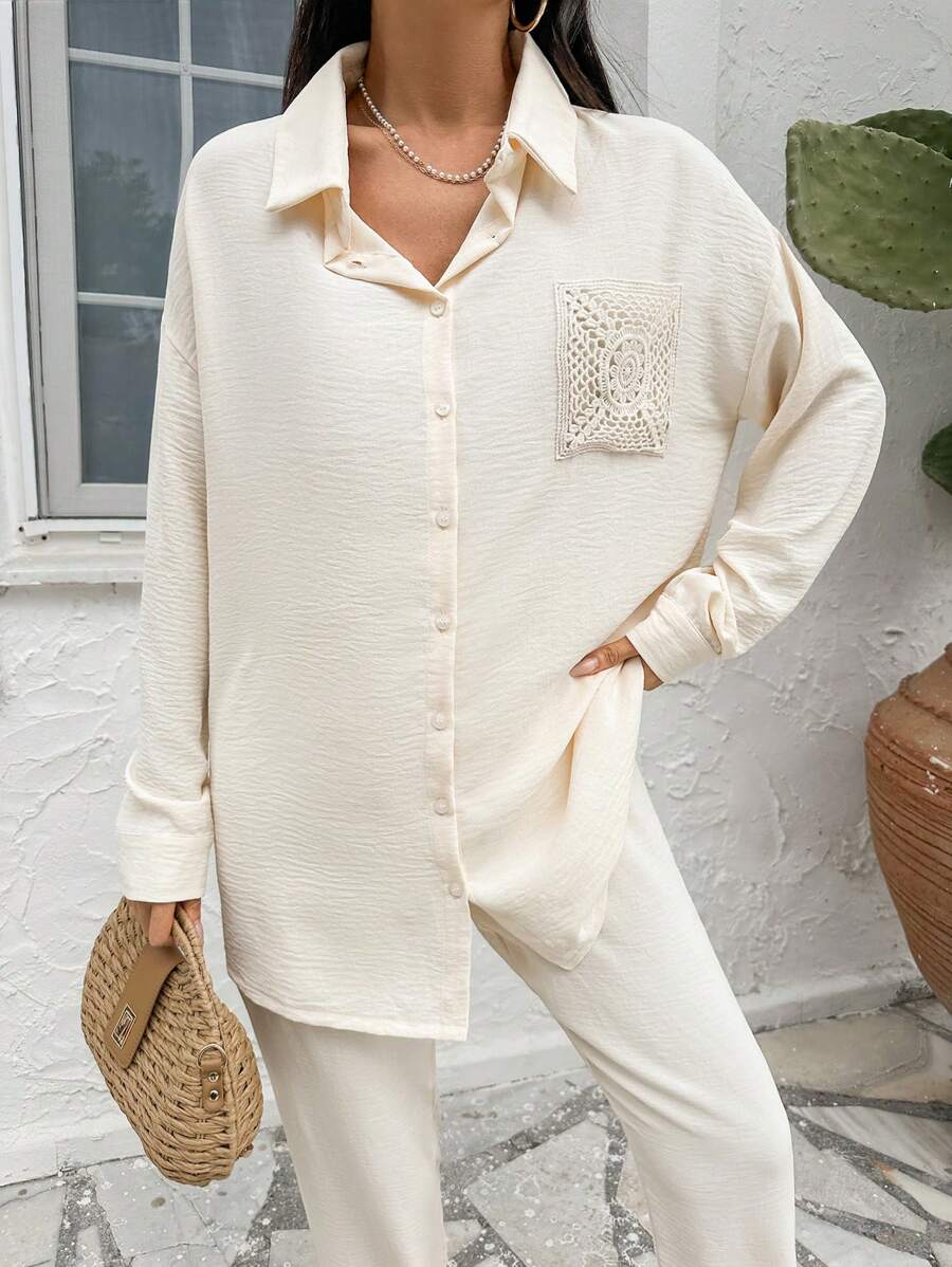 Beige Color Shirt And Pant Set With Crochet Detail | SHEIN UK