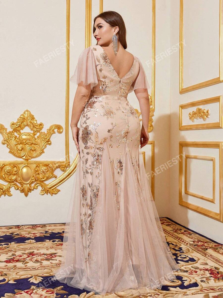 Faeriesty Plus Contrast Sequin Mesh Mermaid Hem Formal Dress Elegant Prom Evening Wedding Guest ...