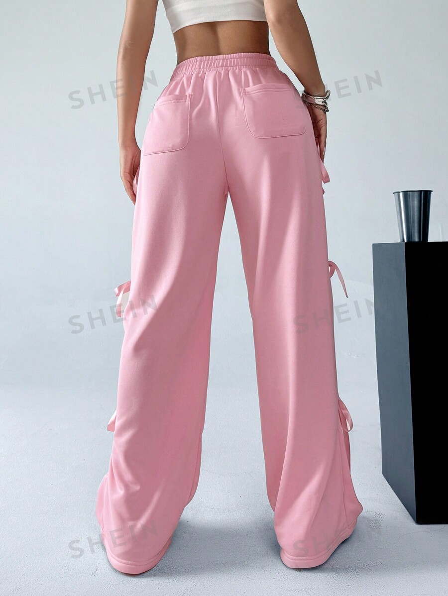 SHEIN EZwear Sweet And Lovely Pink Bow Detail Knot Tie Waist Sweatpants For Spring And Summer ...