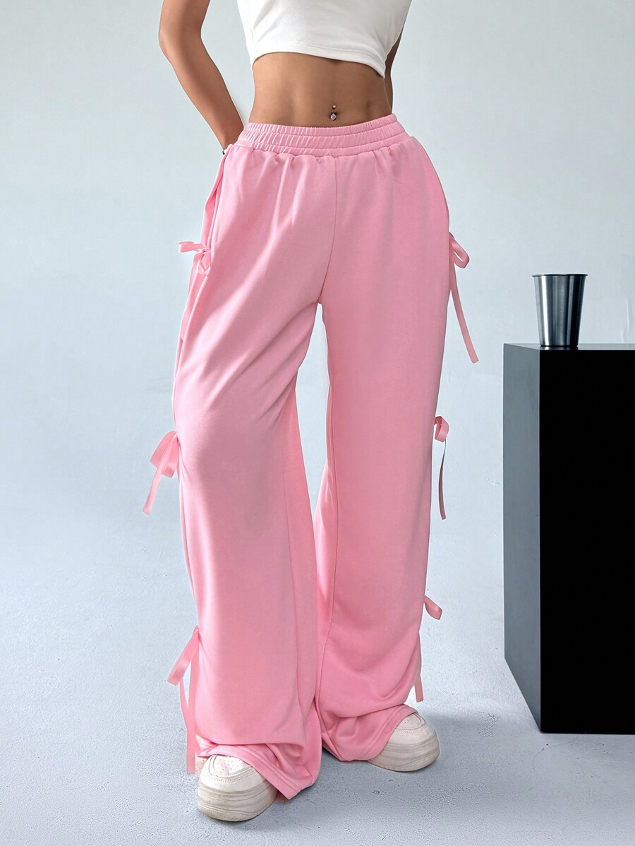 SHEIN EZwear Sweet And Lovely Pink Bow Detail Knot Tie Waist Sweatpants ...