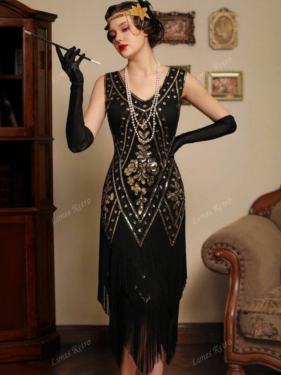 Long Fringed Gatsby Dress Women's 1920s Fringe Trim Sequin Dress ...