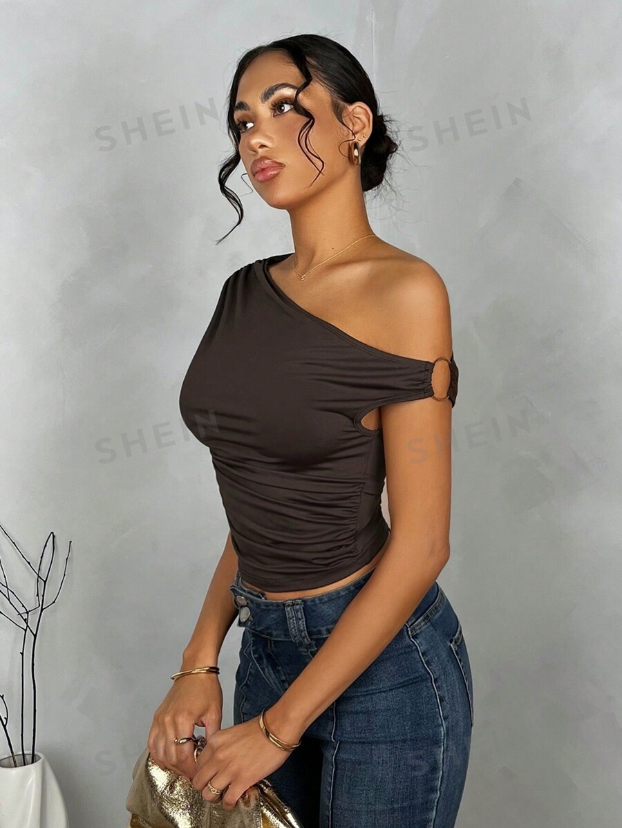 SHEIN BAE Women's Solid Color Ruffled Asymmetric Shoulder Summer Top ...