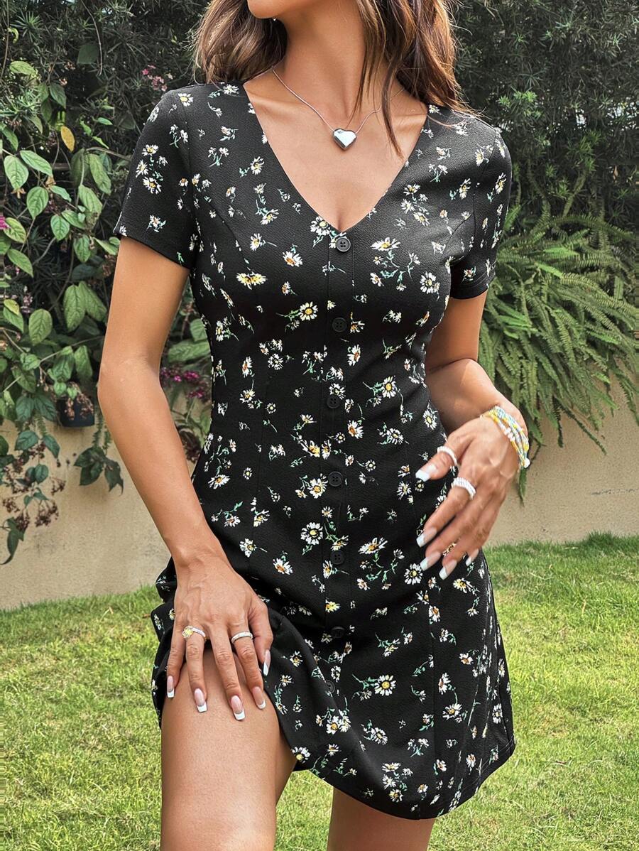 SHEIN EZwear Summer Cherry Print Button Front Mini Dress | SHEIN UK