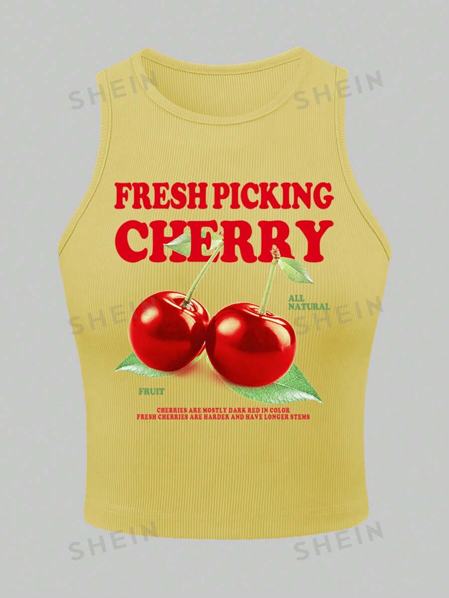 SHEIN EZwear Cherry Printed Crop Top With Ribbed Design For Summer ...