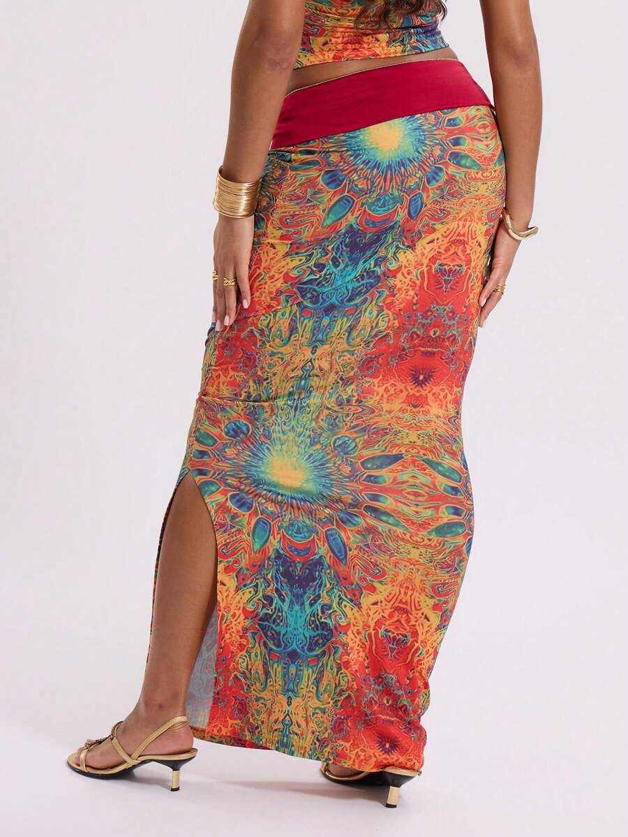 MUSERA Slinky Psychedelic Print Folded Maxi Skirt Only Vacation Summer ...