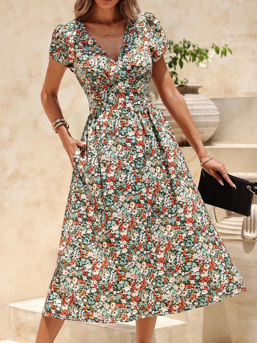 SHEIN Clasi Floral Print V-Neck Short Sleeve Cinching Waist Summer ...
