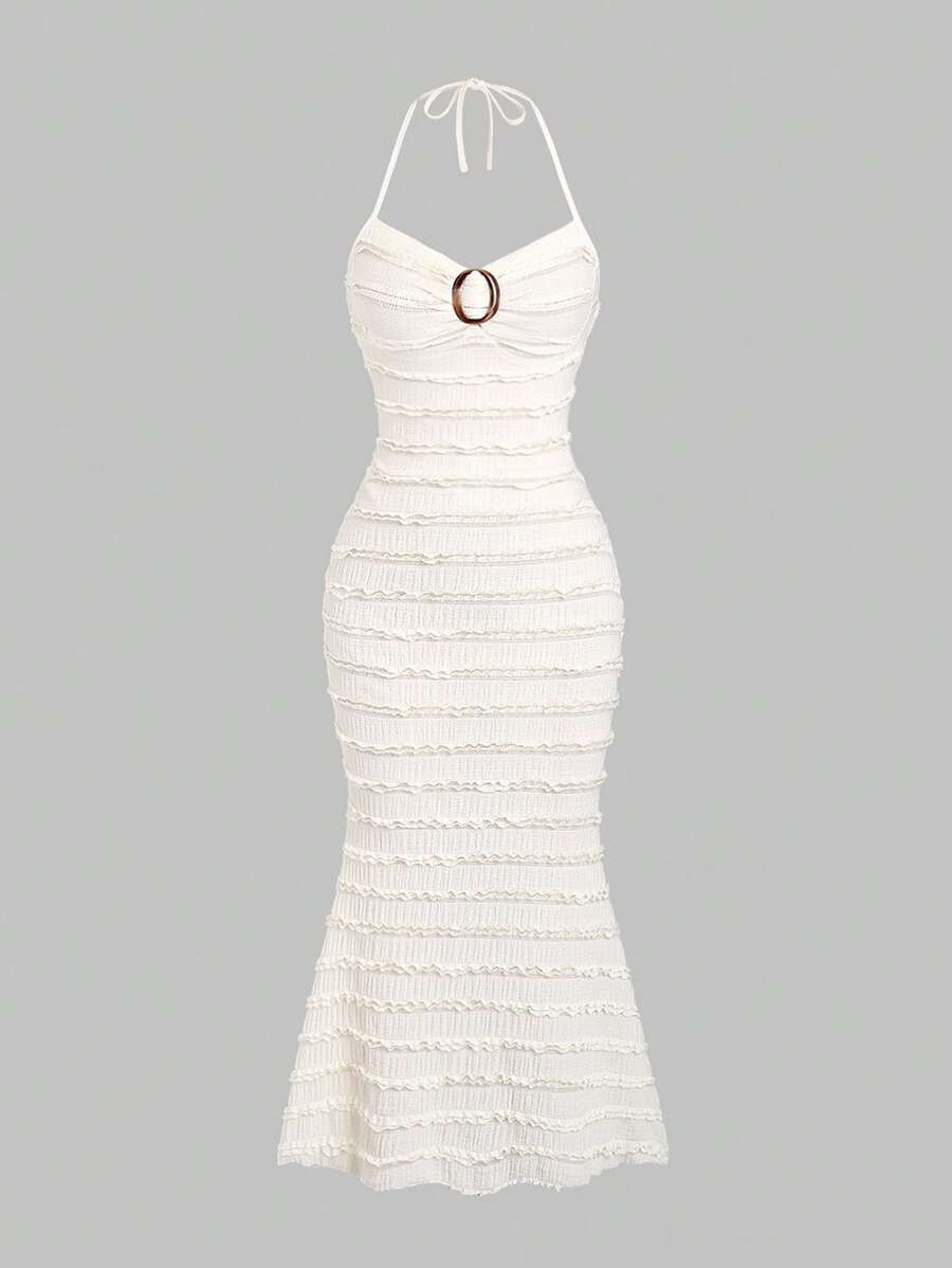 Sweetra Women Summer Halter Neck Dress With Circular Ring, Ruffle Hem ...