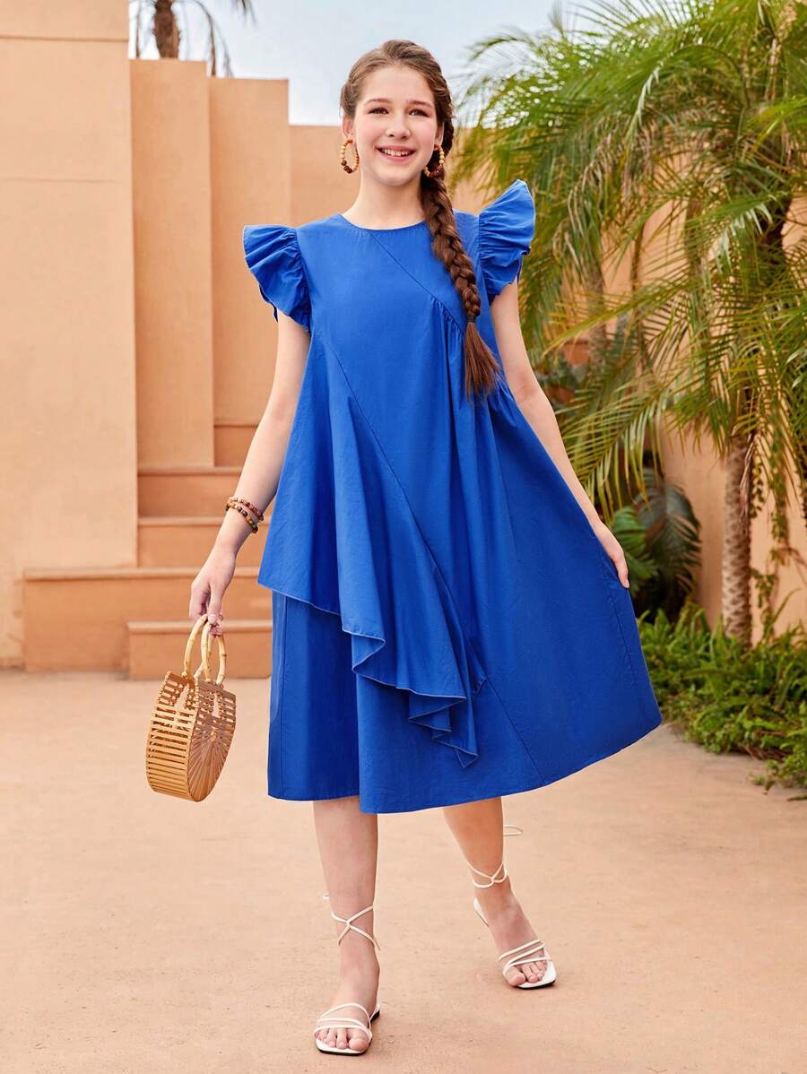 SHEIN Vestido azul tejido con mangas cortas para adolescente, detalles ...