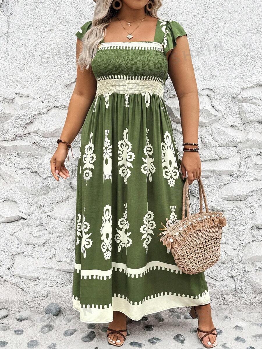 SHEIN VCAY Plus Size Women Summer Floral Print Square Neck Flutter Sleeve Maxi Dress | SHEIN UK