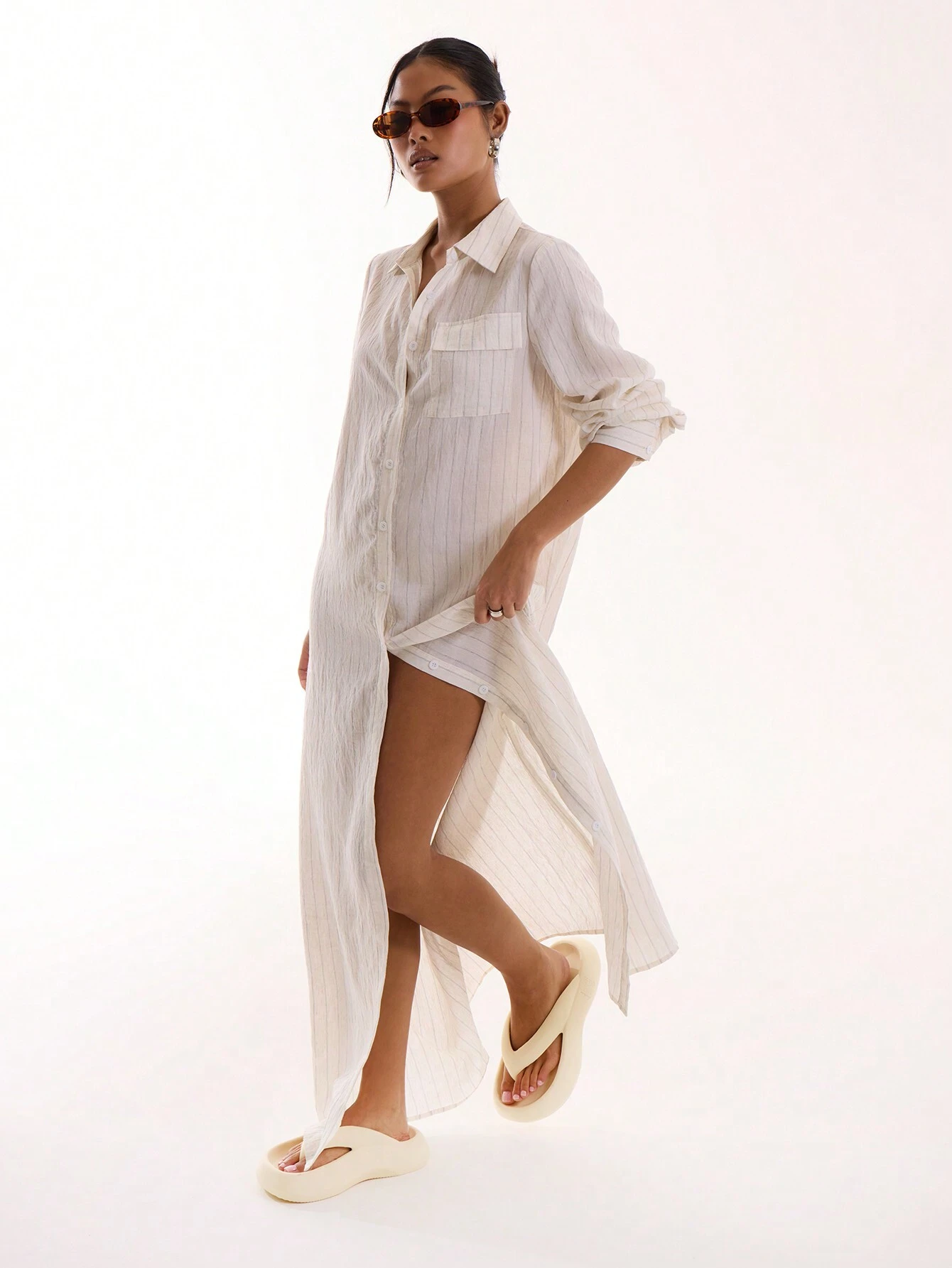 MUSERA Holiday Pinstripe Linen Look Button Down Maxi Dress | SHEIN USA