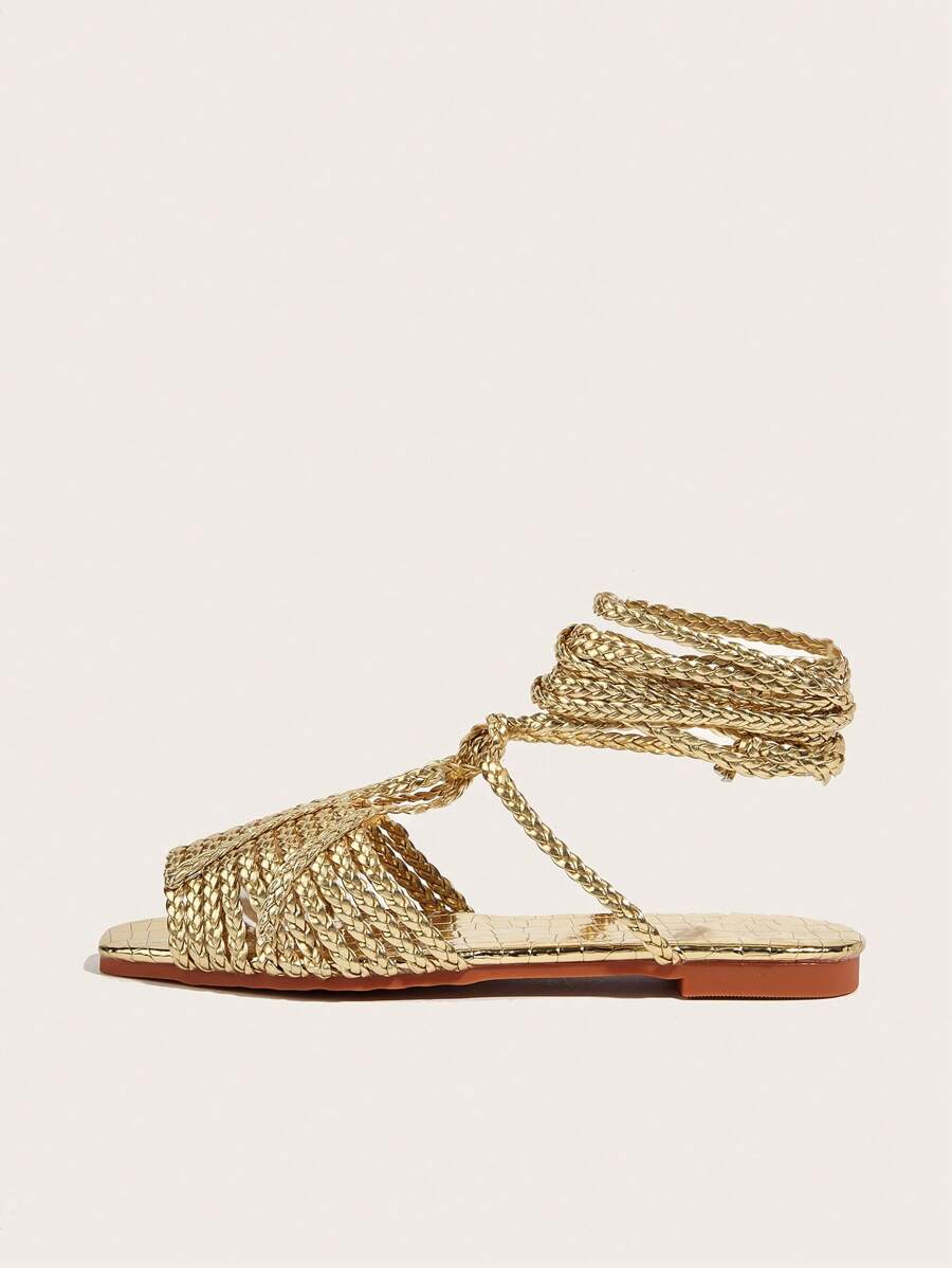 Gold Hand-Woven Strappy Sandals For Women With Flat Sole And Random ...