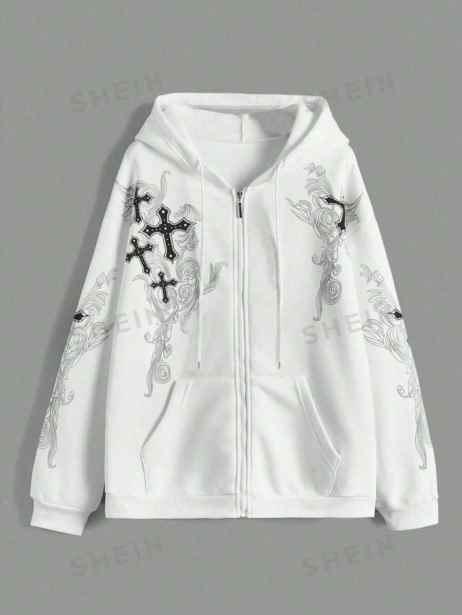 ROMWE Grunge Punk Cross Print Zip Up Drawstring Thermal Lined Hoodie | SHEIN UK