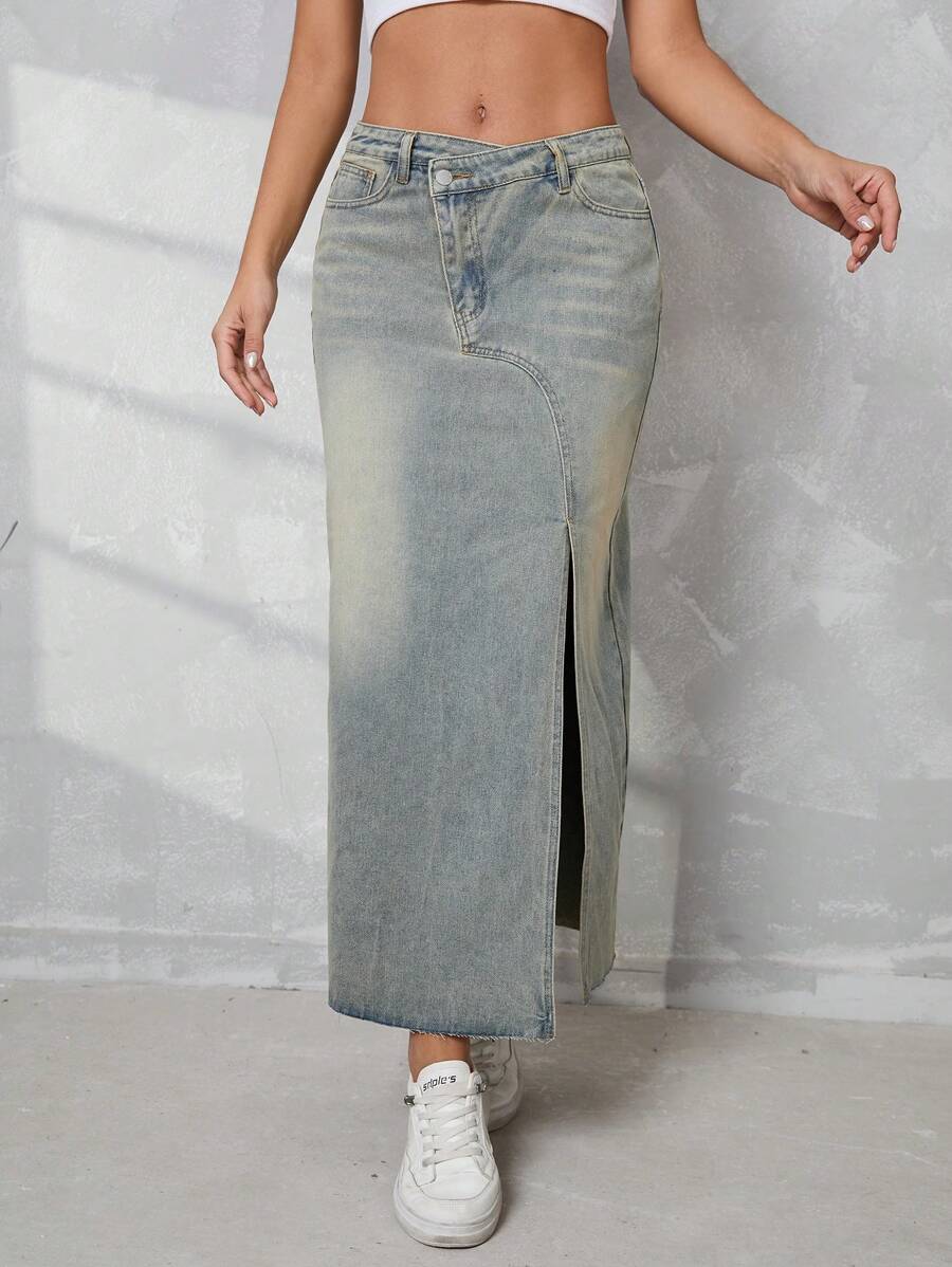 SHEIN Tall Women Denim Skirt Casual Ultra-Long Blue Skirt With Slanted ...