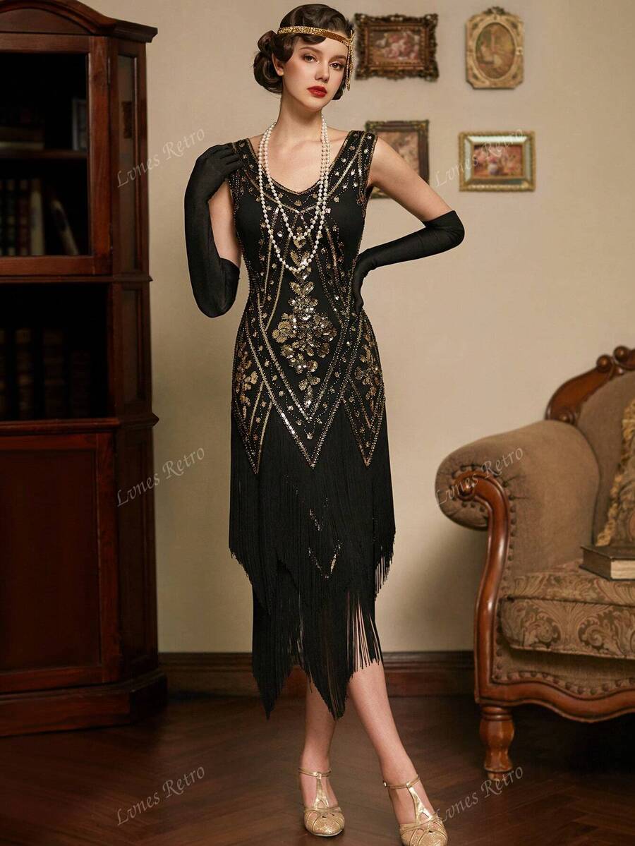 Long Fringed Gatsby Dress Women's 1920s Fringe Trim Sequin Dress ...