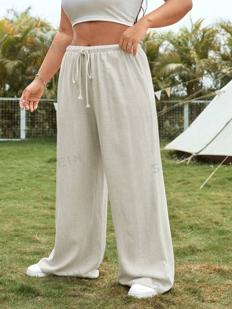 SHEIN EZwear Pantalon en lin à cordon de serrage de couleur unie grande ...