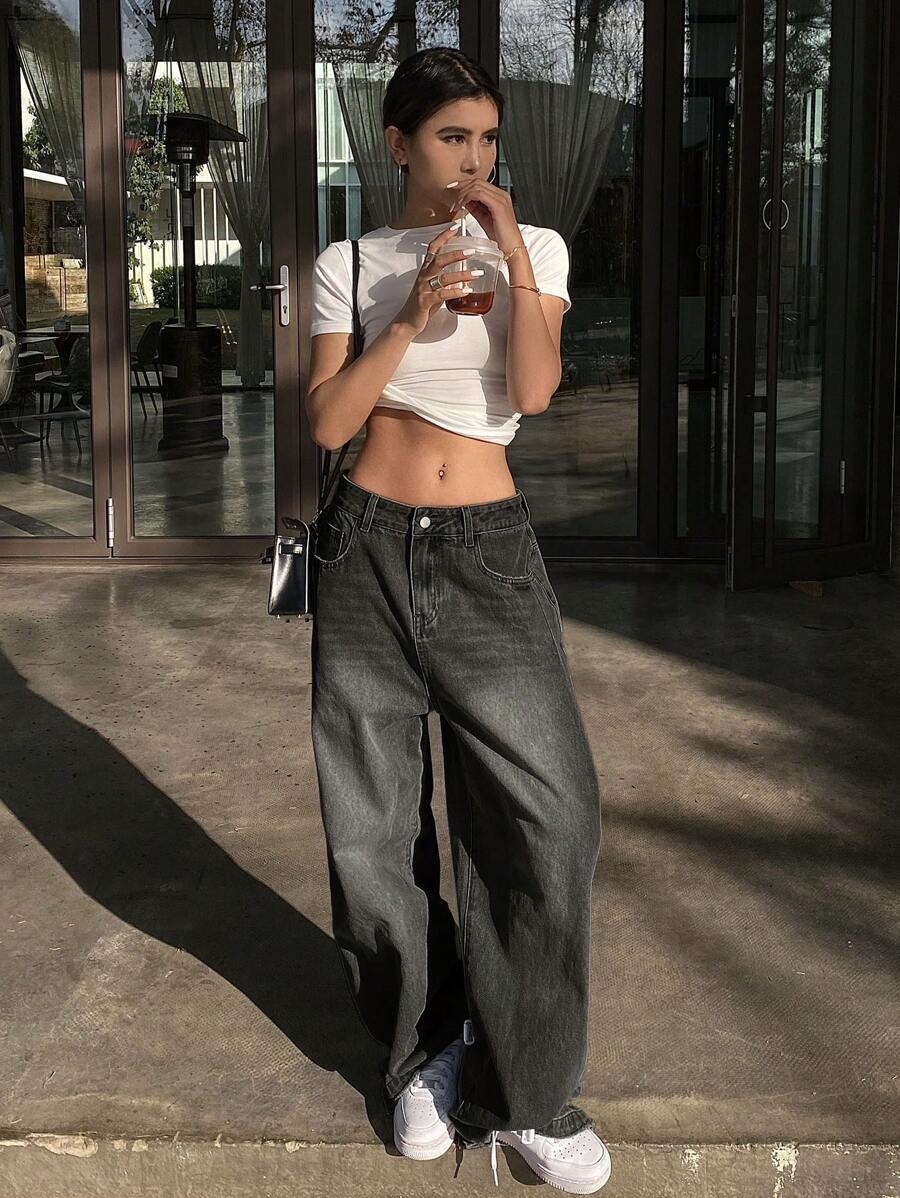 DAZY Jeans à jambes larges style occidental délavé vintage usé pour ...