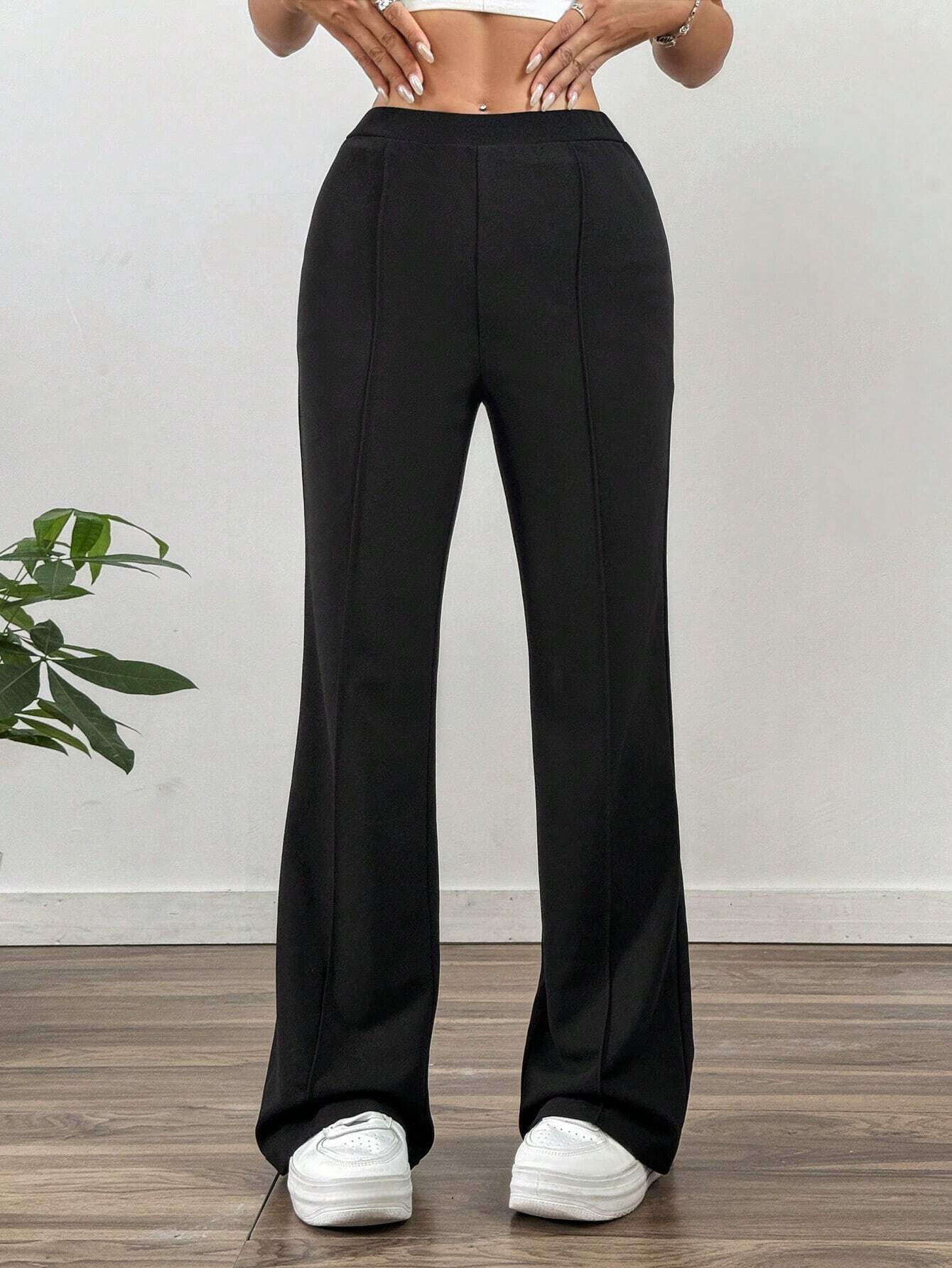 SHEIN EZwear Black Knitted Flares With Elastic Waist | SHEIN USA