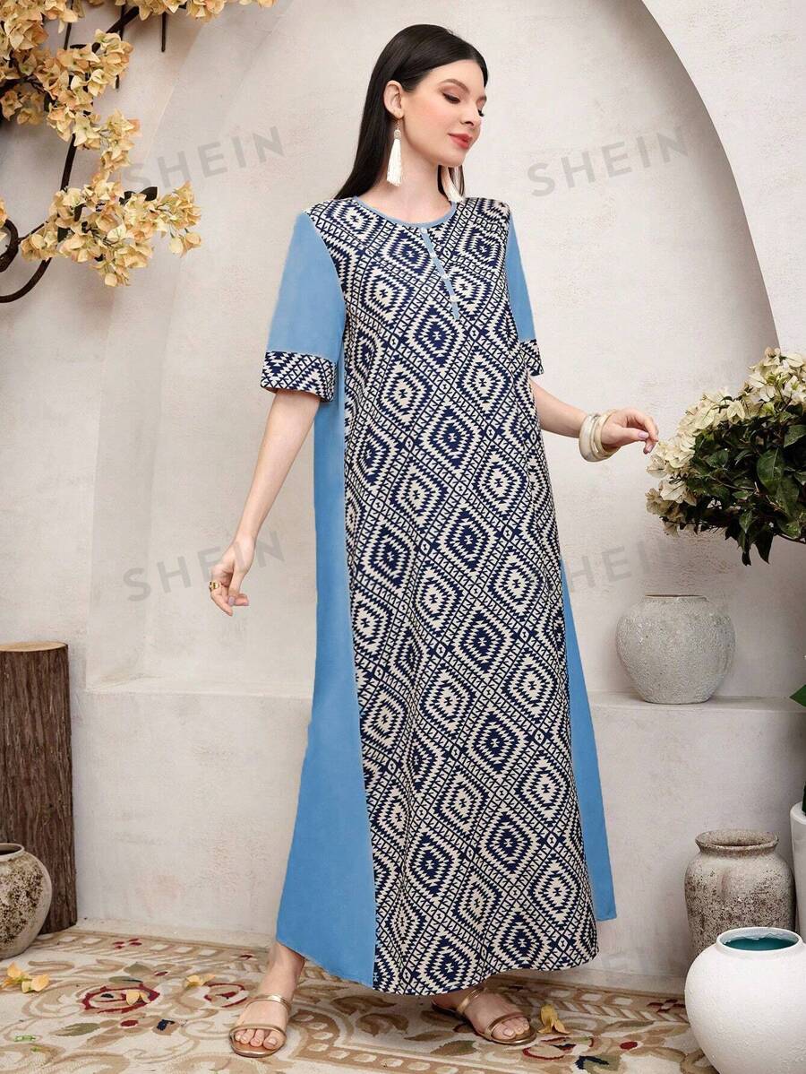 SHEIN Najma Robe arabe femme à motif géométrique et blocs de couleurs ...