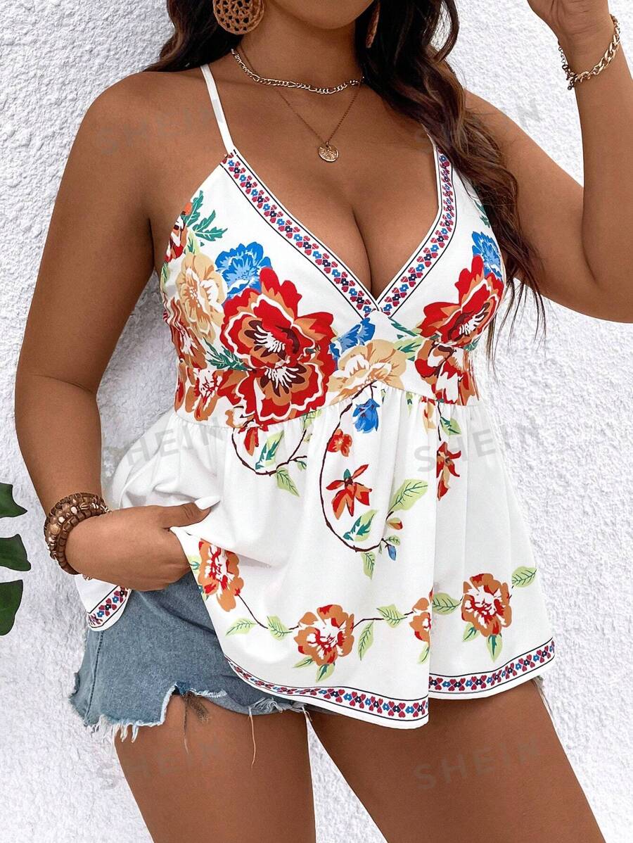Shein Vcay Plus Size Summer Holiday Style Floral Print Crisscross