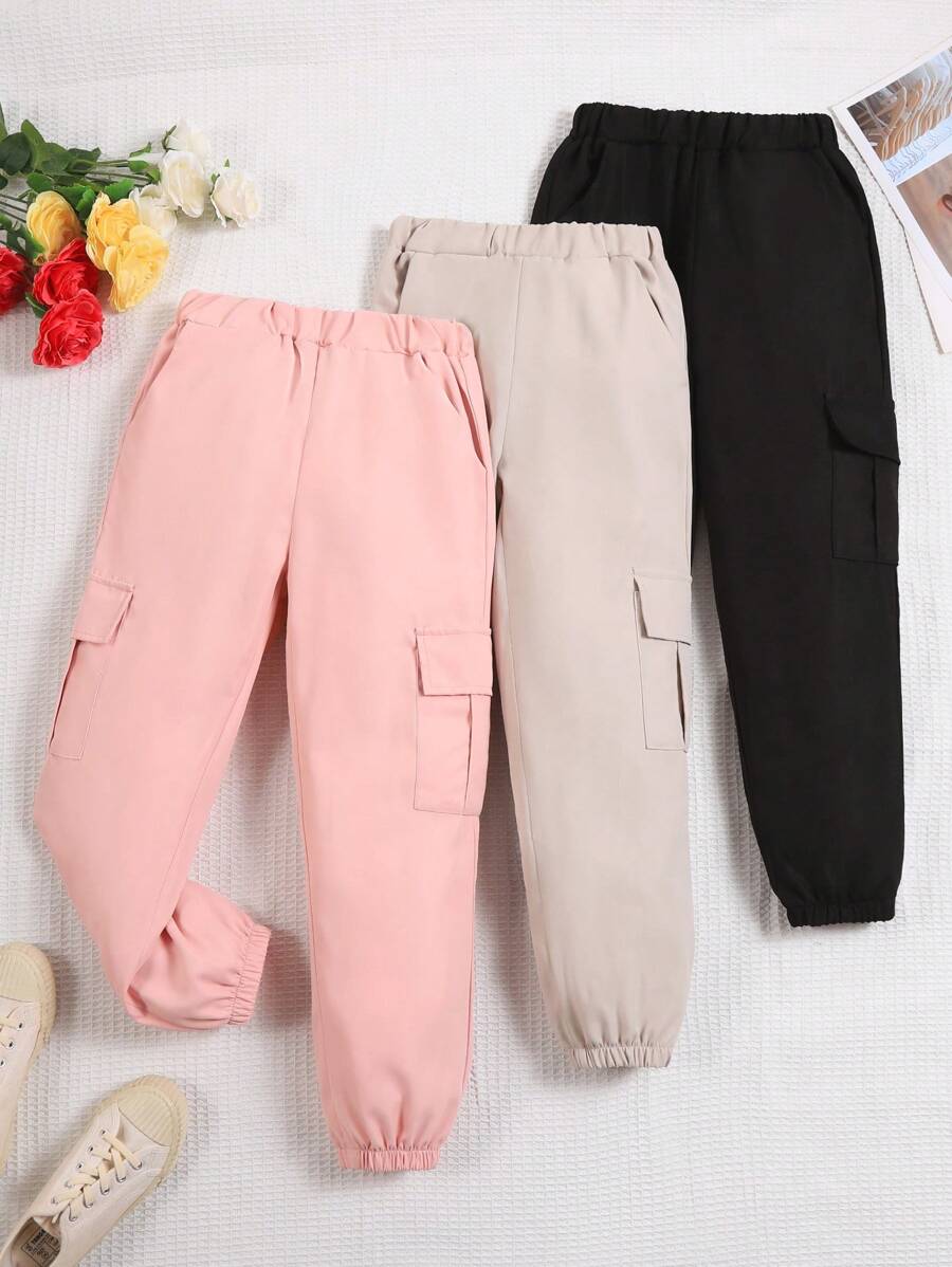 3pcs/Pack Tween Girl Simple Plain Cargo Pants For Daily Wear,Holiday ...