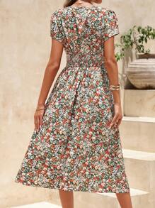 SHEIN Clasi Floral Print V-Neck Short Sleeve Cinching Waist Summer ...