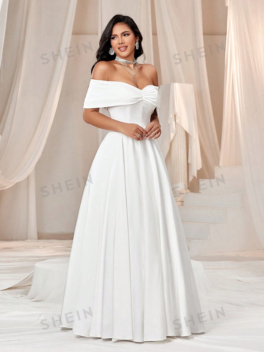 SHEIN Belle Elegant And Romantic Satin Off Shoulder Puffy Wedding Dress ...