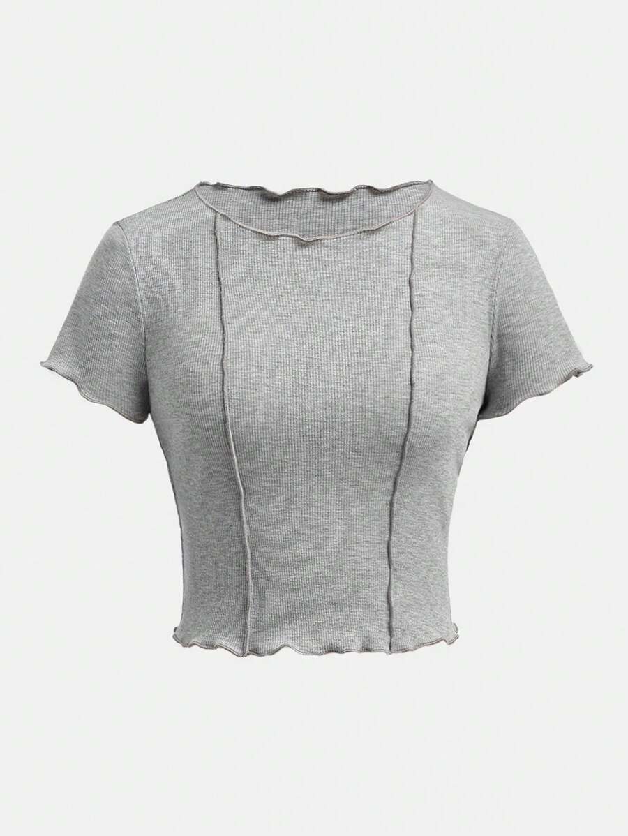 SHEIN Teen Girl Floral Gray Cropped Top With Exposed Hem, Wave Edge And Tight Fit | SHEIN USA