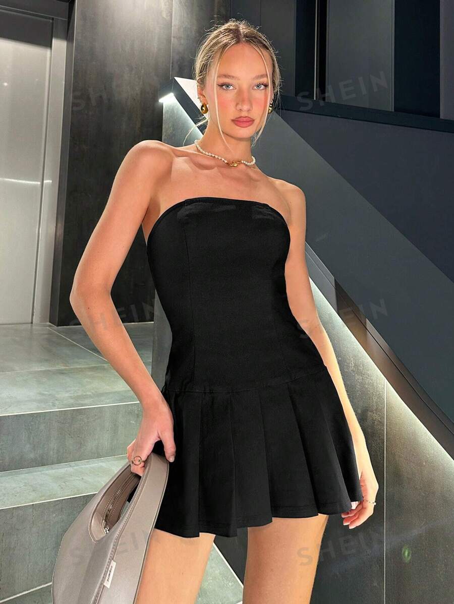 SHEIN EZwear Women's Strapless Solid Color Pleated Simple Dress For ...