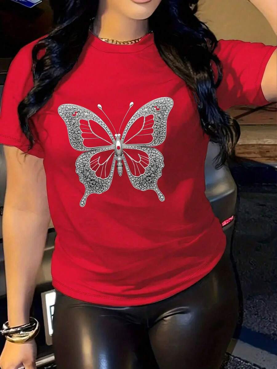 INAWLY Sexy T-Shirt With Butterfly Pattern And Embellished Rhinestones ...