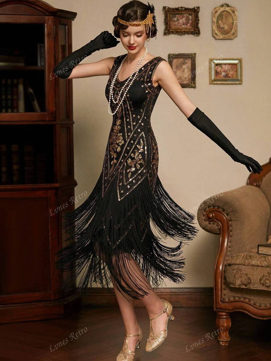 Long Fringed Gatsby Dress Women's 1920s Fringe Trim Sequin Dress ...