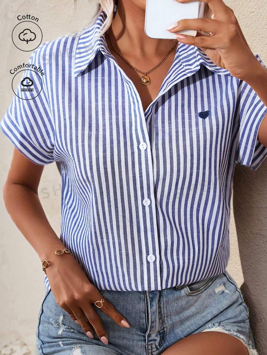 SHEIN Frenchy Striped Heart Embroidery Button Front Shirt Spring Shirts ...