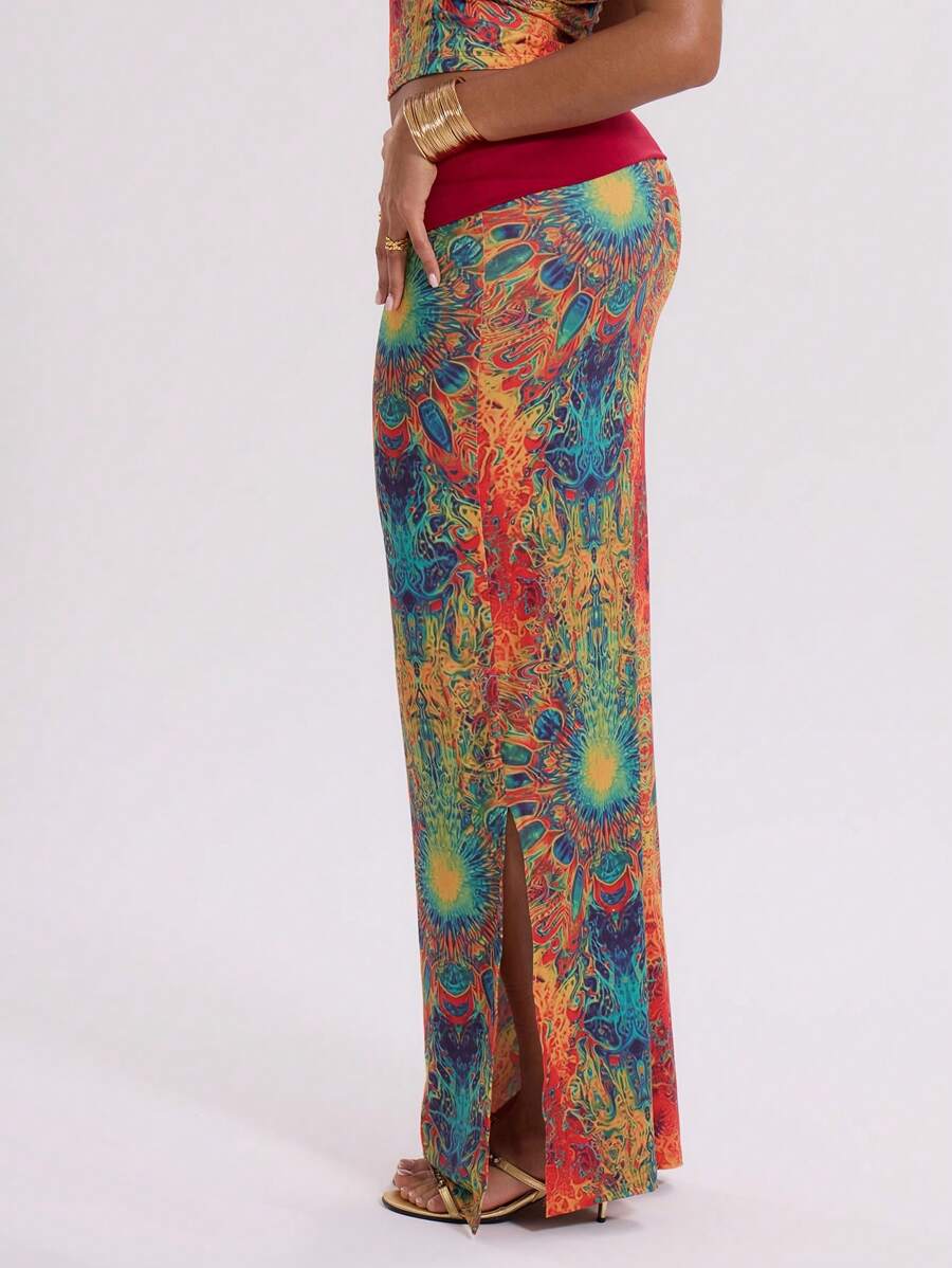 MUSERA Slinky Psychedelic Print Folded Maxi Skirt Only Vacation Summer ...