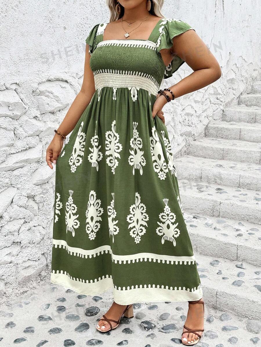 SHEIN VCAY Plus Size Women Summer Floral Print Square Neck Flutter Sleeve Maxi Dress | SHEIN UK