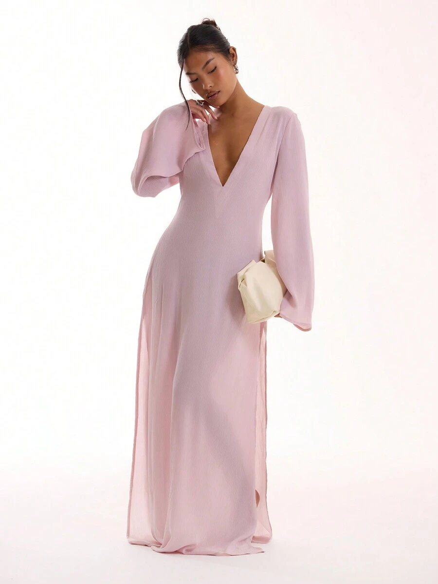 MUSERA Pink Sheer Textured Wide Sleeve Split Holiday Maxi Dress ...