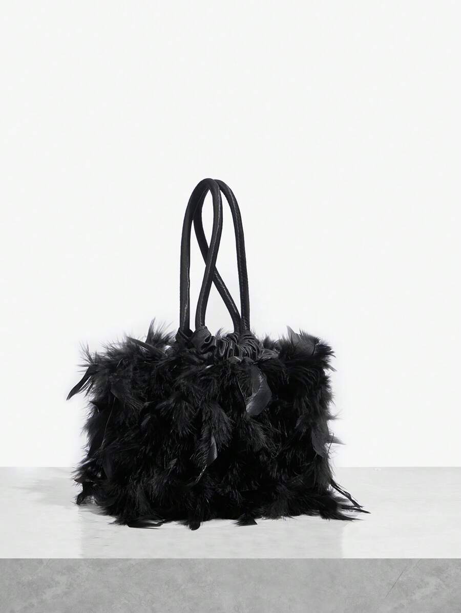 SHEIN BAE Women Feather Evening Bag, Black Luxry Bag For Parties And ...