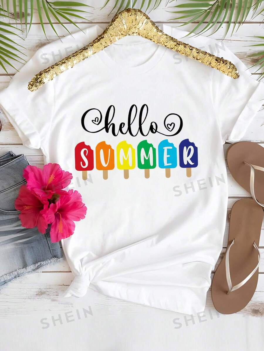 SHEIN Essnce Colorful Ice Cream Pattern With Letter Print Graphic Short ...