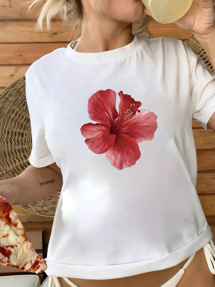 INAWLY Regular Short Sleeve T-Shirt With Floral Print, Casual For Daily ...